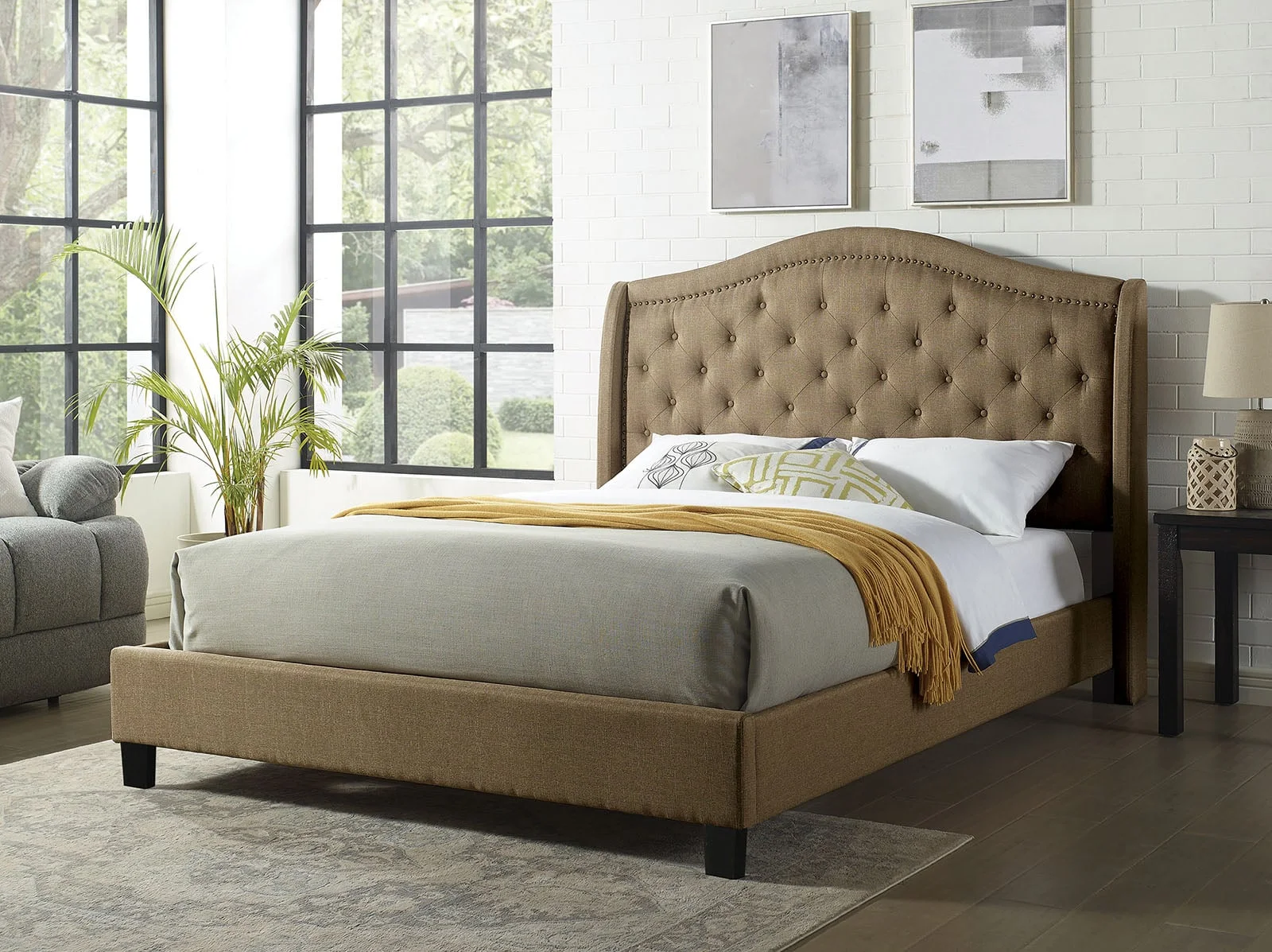 Furniture of America Carly FM7160BR-Q-BED Transitional Upholstered Queen Bed with Button Tufting ...