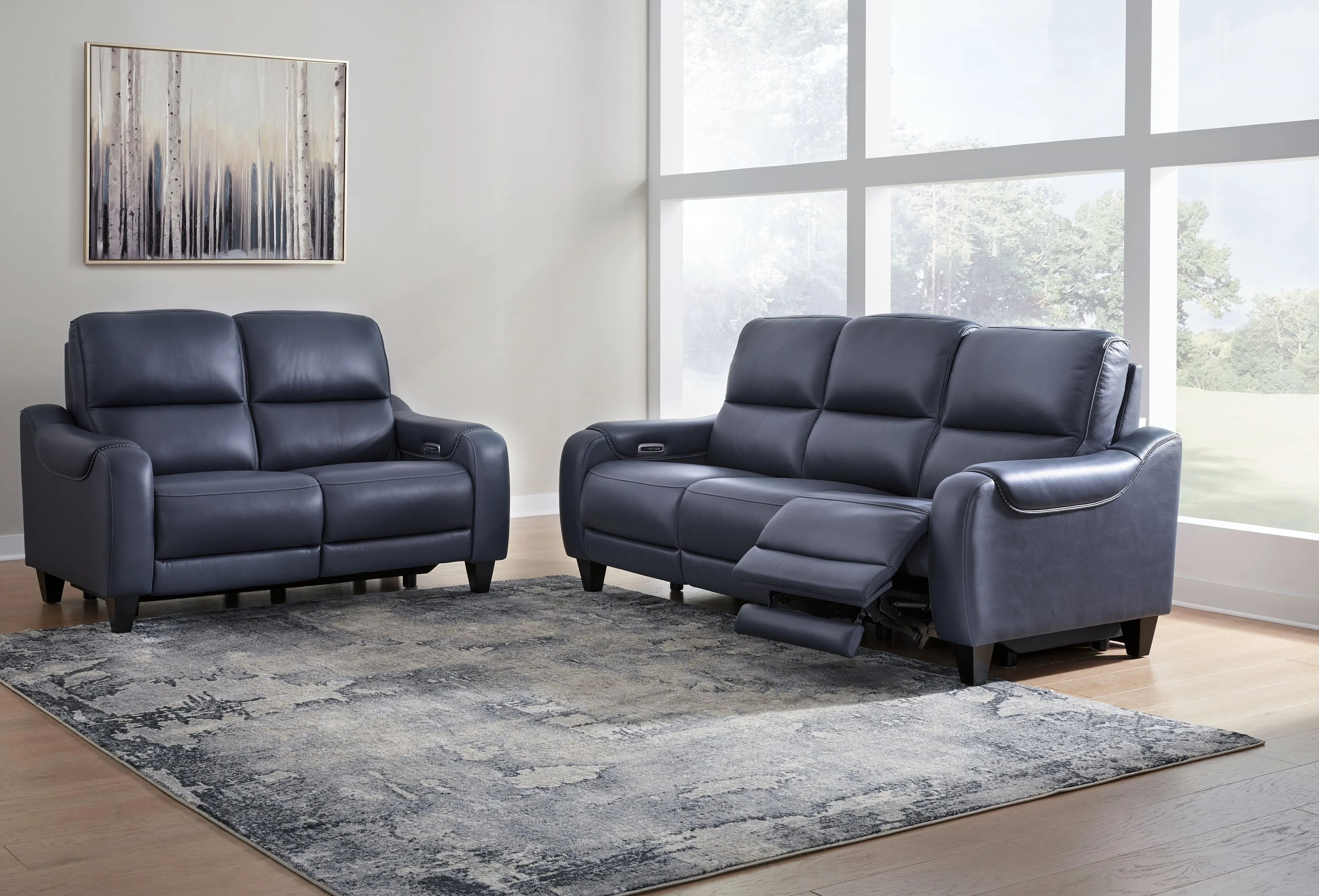 Navy blue leather recliner sofa set store