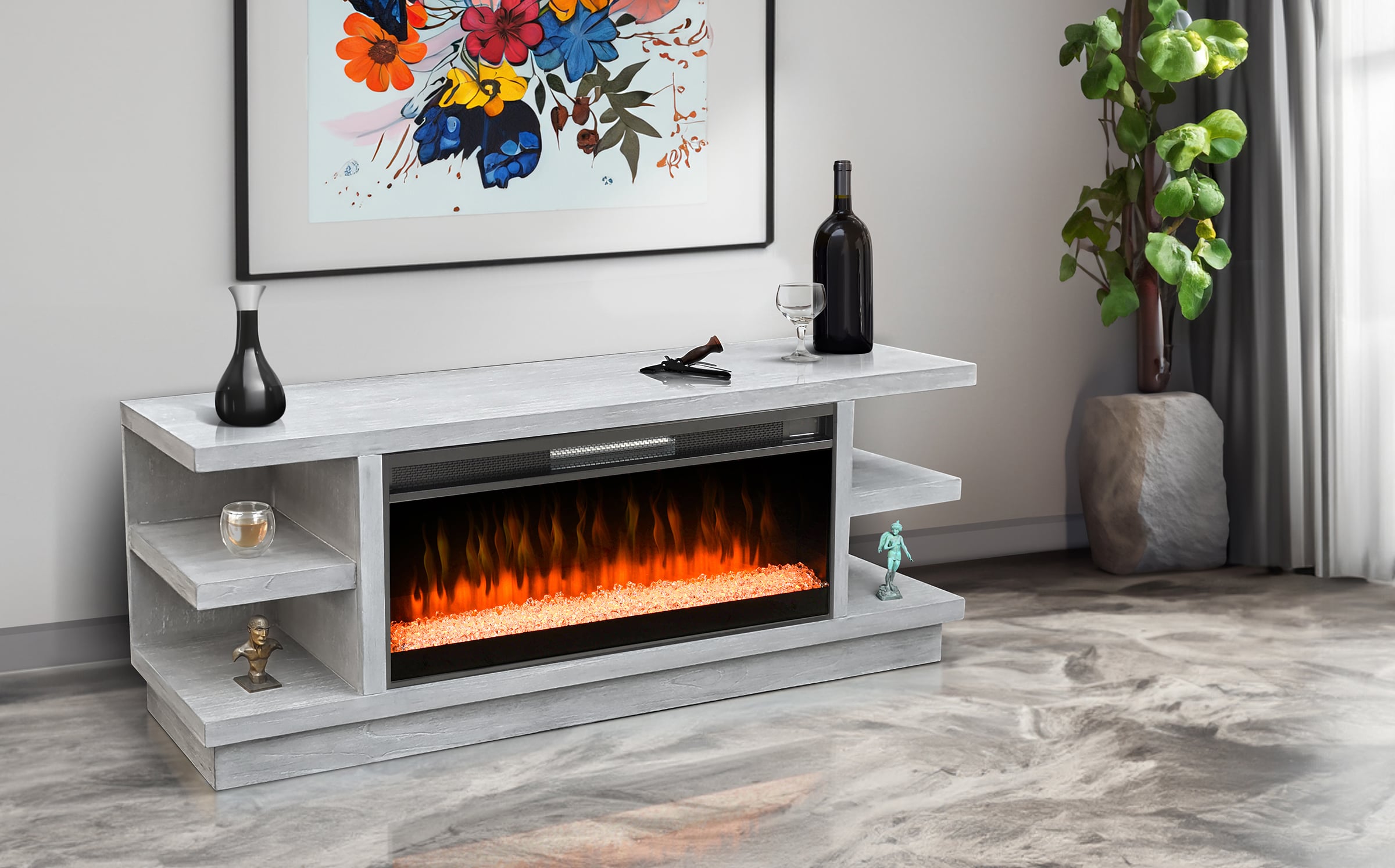 Sunny Designs 3680 3658C FPIx1 3680LGx1 Media Console w Crystal Fireplace Insert Wayside Furniture Mattress TV Stands