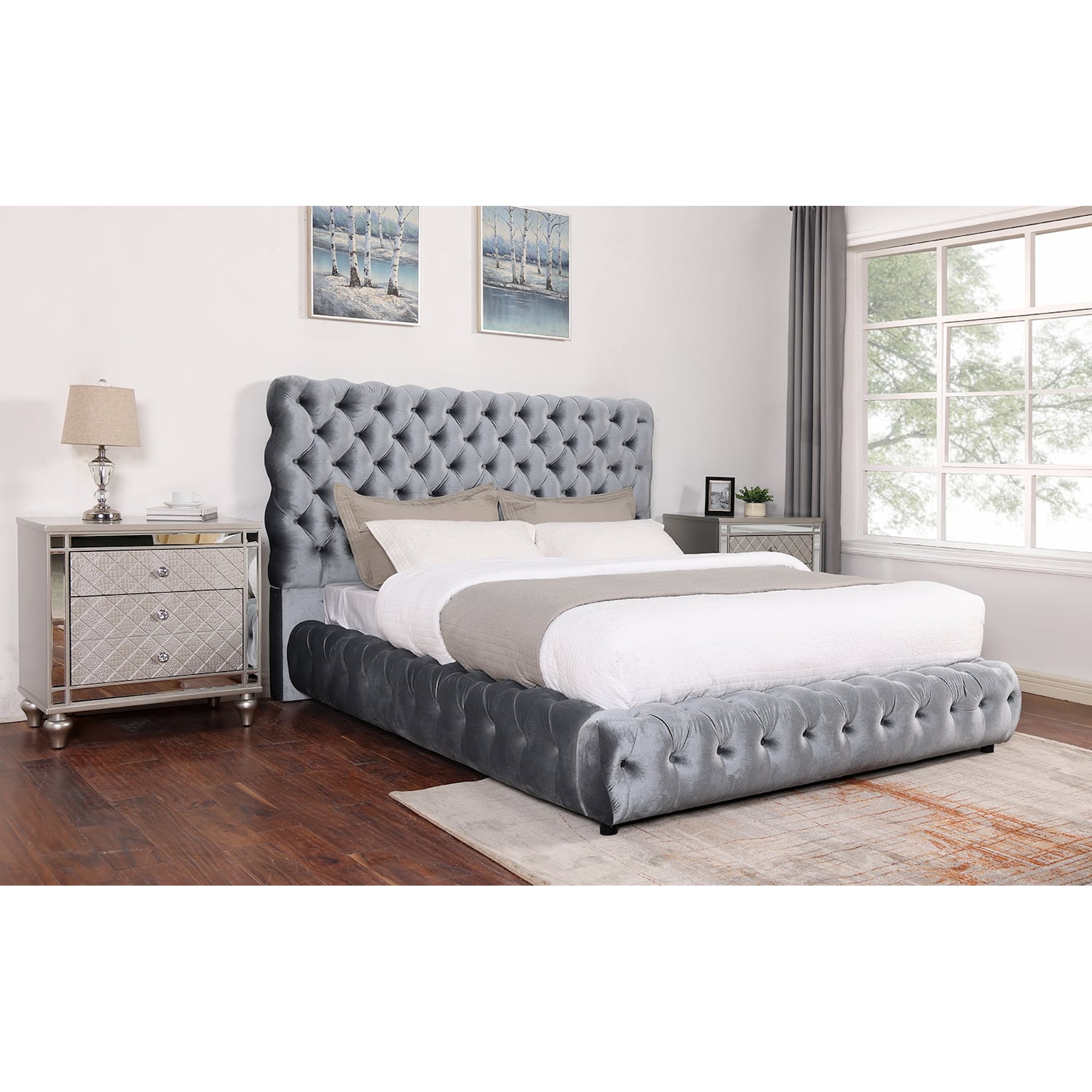 Crown Mark Flory 5112GY-KQ-RAILx1+5112GY-Q-HBFBx1 Contemporary Upholstered Queen Bed with Tufted ...