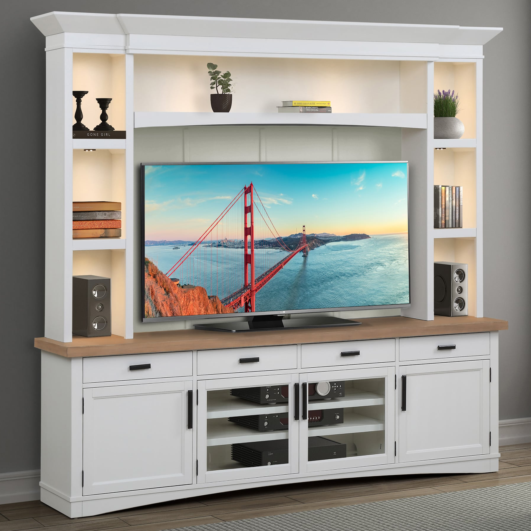 Parker House Americana Modern Farmhouse Entertainment Center with LED Lighting Darvin Furniture Wall units