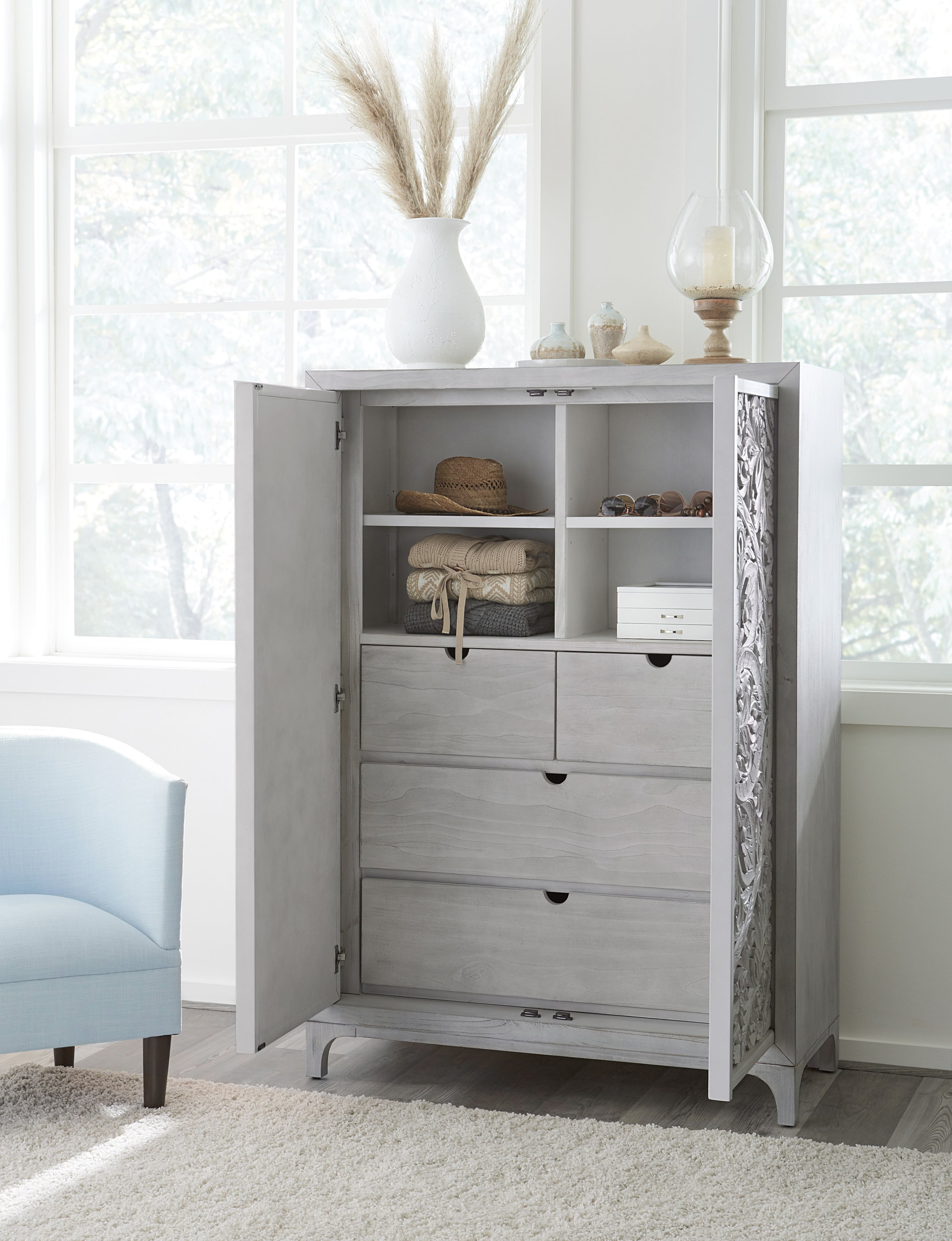 Modus Furniture Boho Chic 1JQ986A Wardrobe Chest In Washed White (2024) | Reeds Furniture | Armoires