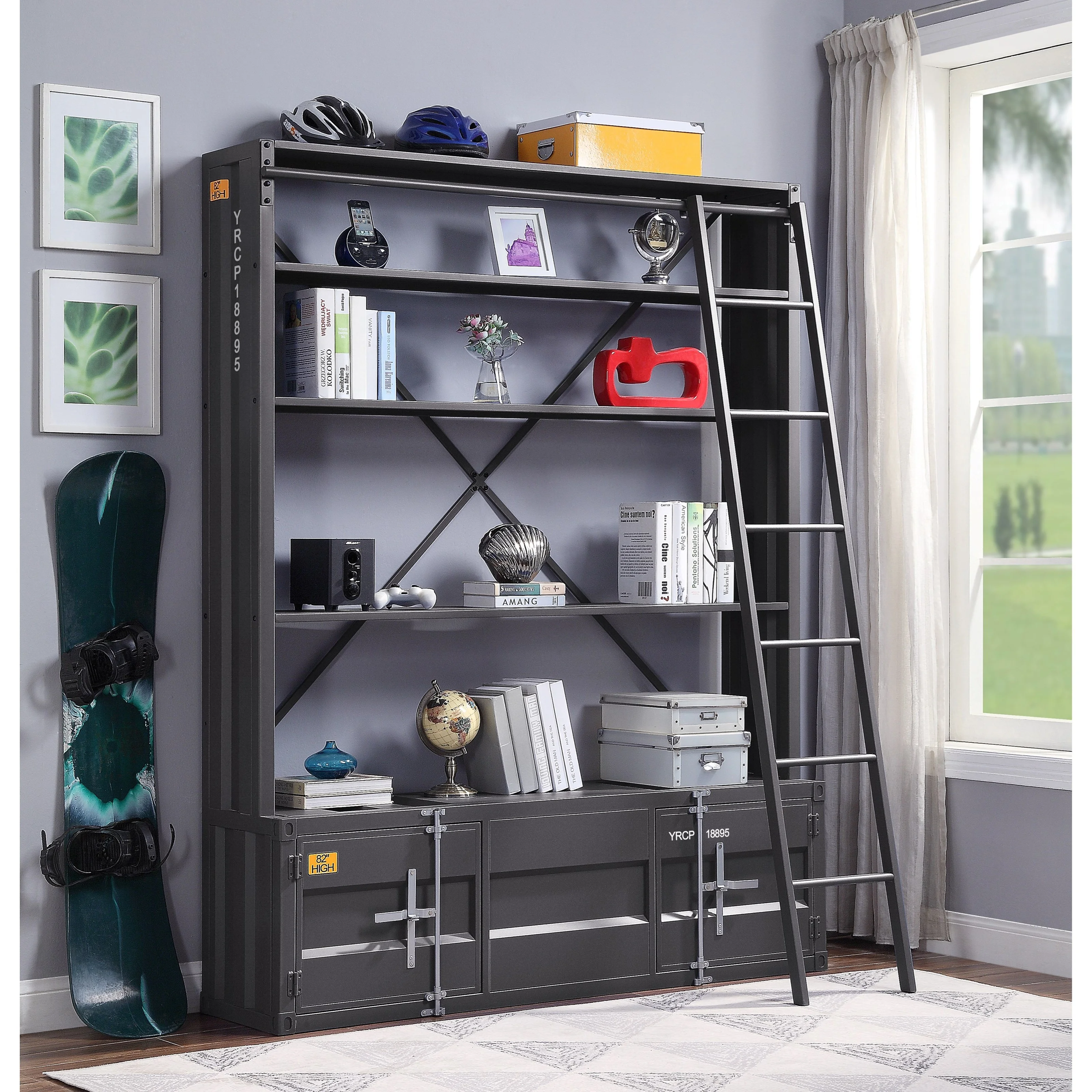 Acme Furniture Cargo 39887 Bookshelf & Ladder with Container Style Look ...