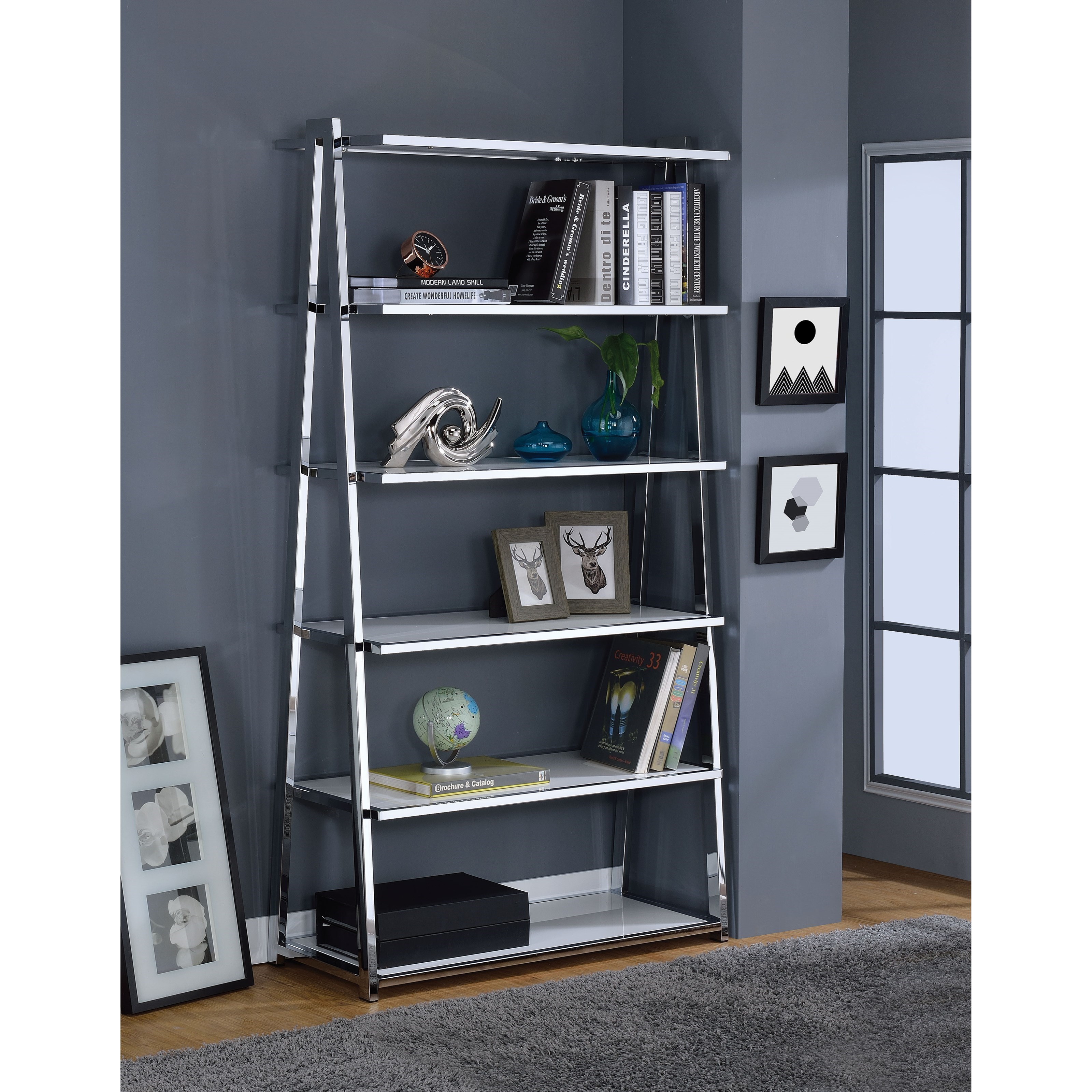 Acme Furniture Coleen 92455 Chrome Finish Bookshelf with High Gloss White Shelves A1 Furniture Mattress Open Bookcases
