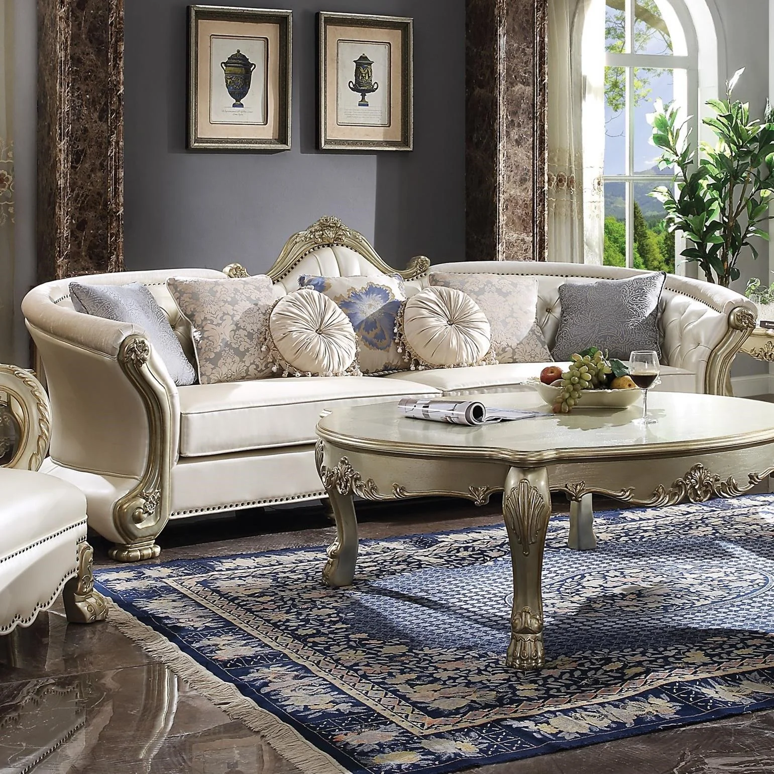 Acme Furniture Dresden II 54875 Traditional Pearl Faux Leather Sofa w/7 ...