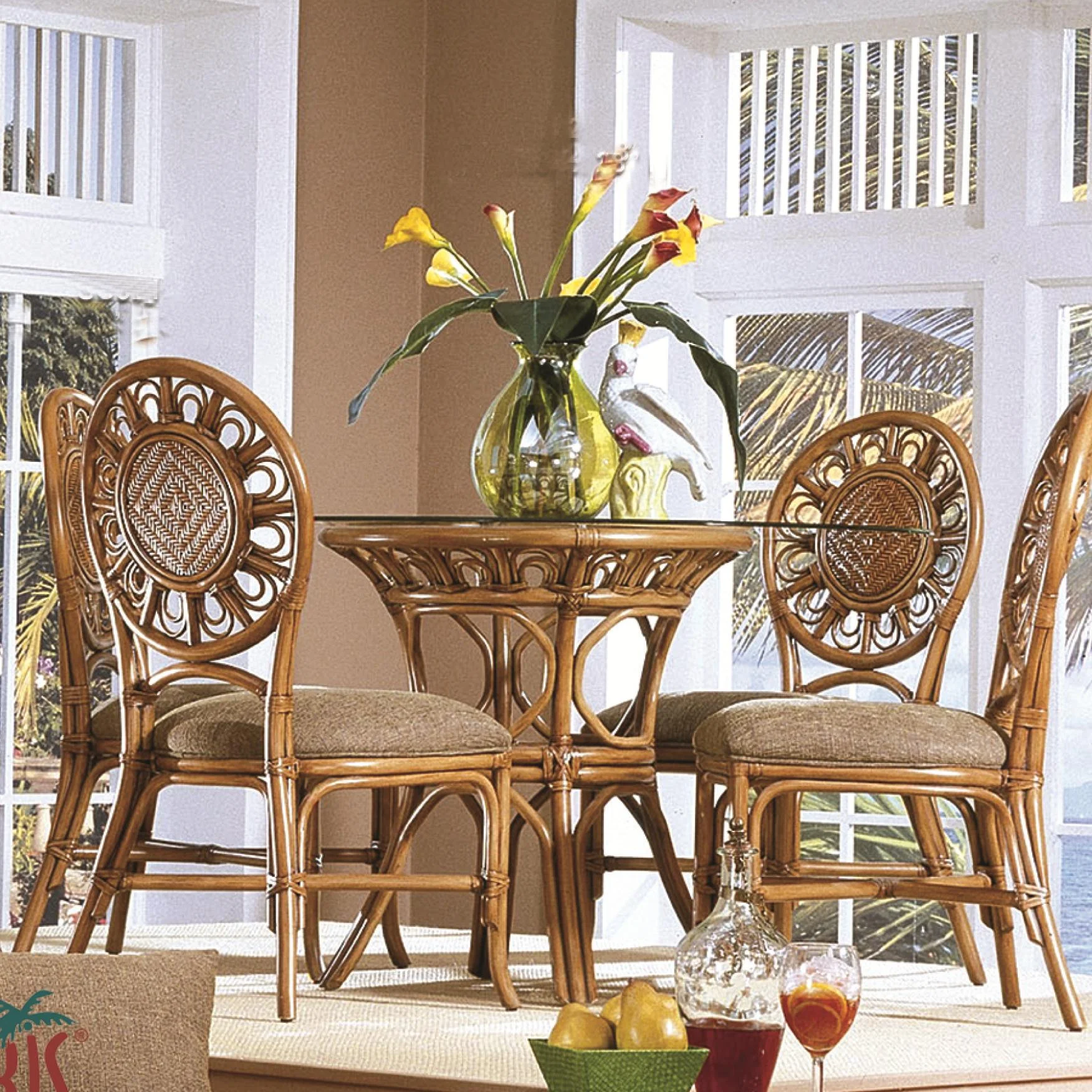 Capris Furniture 321 Collection TB321+4xSC321 Glass Top Wicker Rattan ...