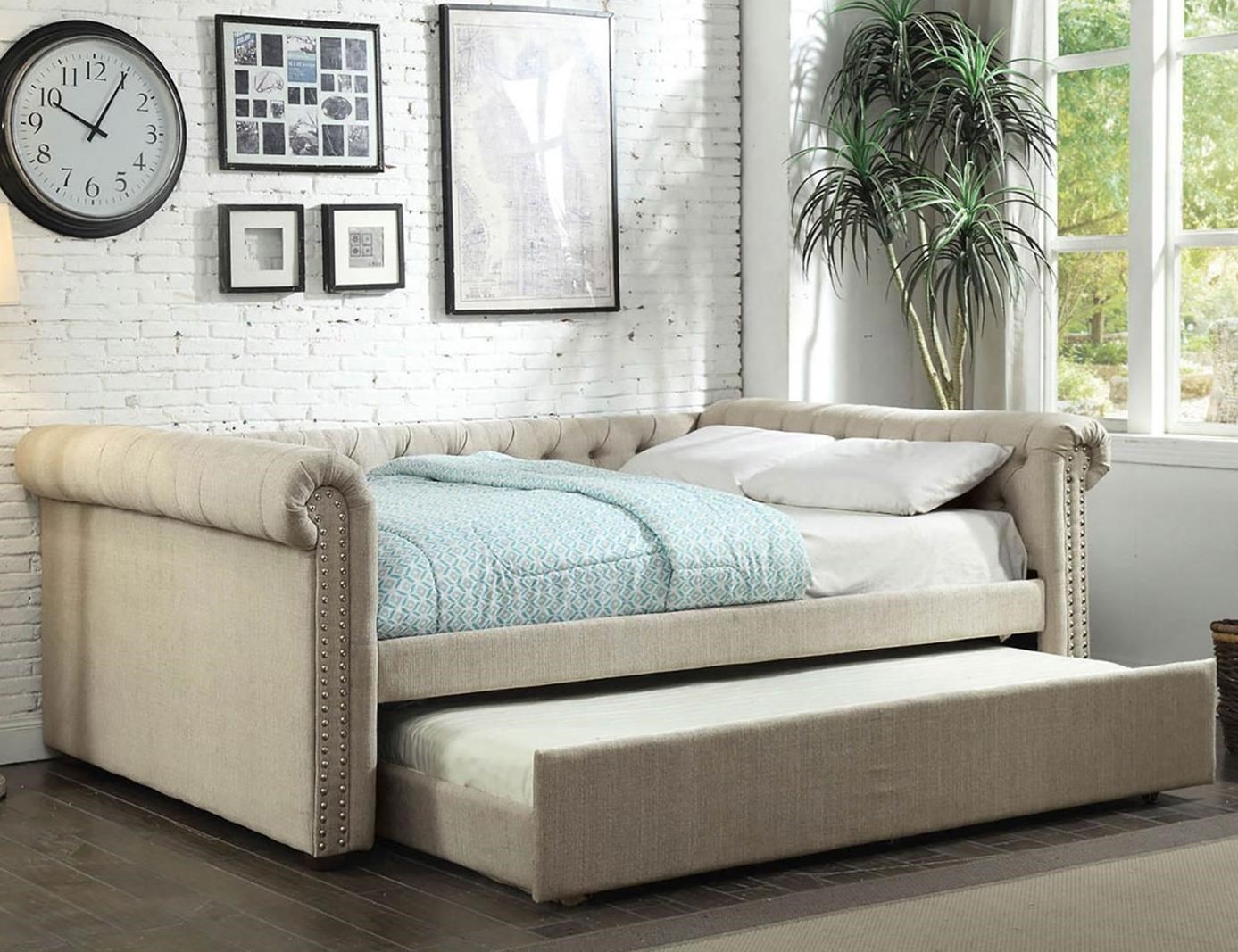 Furniture of America Leanna CM1027BG Q BED Transitional Tufted Queen Size Daybed with Trundle Furniture and More Daybeds