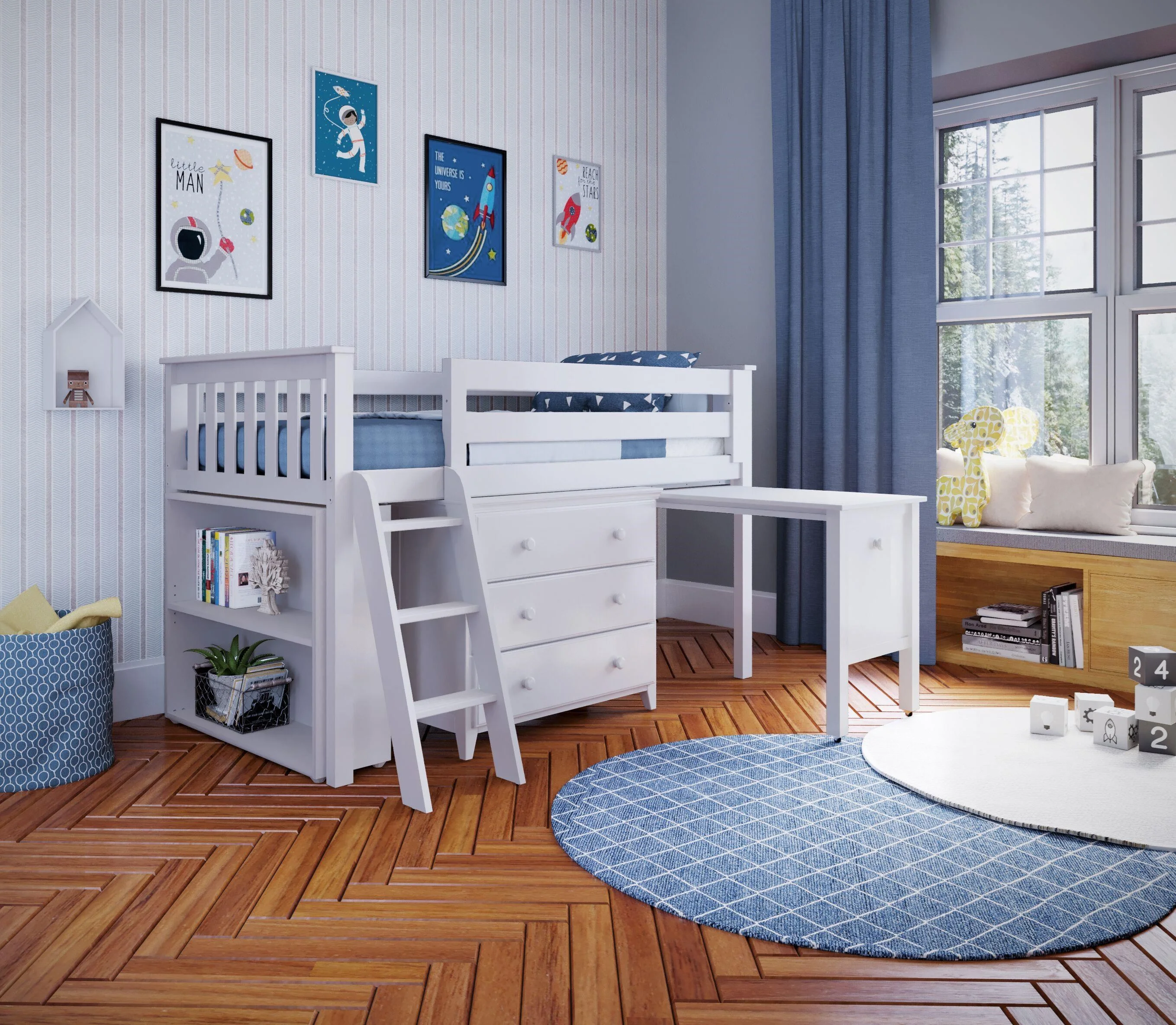 Jackpot Kids Loft Beds Windsor2-002 Windsor Twin Low Loft Bed Set w/ 3 ...