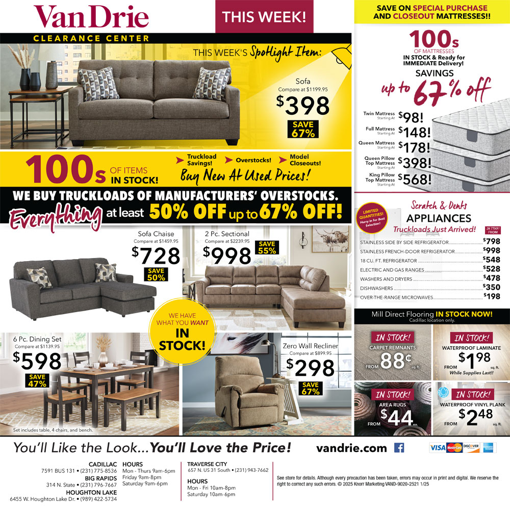 Promotions Cadillac Traverse City Big Rapids Houghton Lake and Northern Michigan VanDrie Home Furnishings